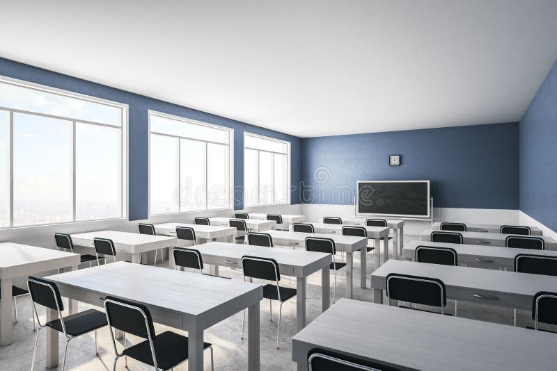 Blue classroom interior stock image. Image of books - 123641099