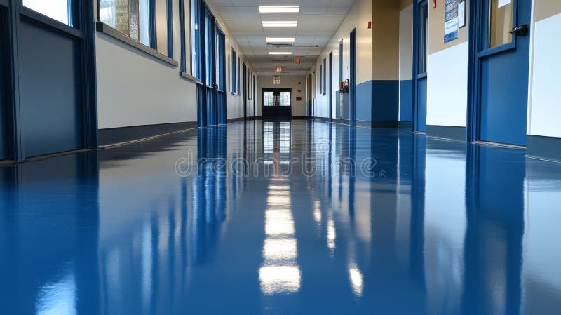 Clean Blue Hallway with Reflective Floor in School Stock Illustration ...