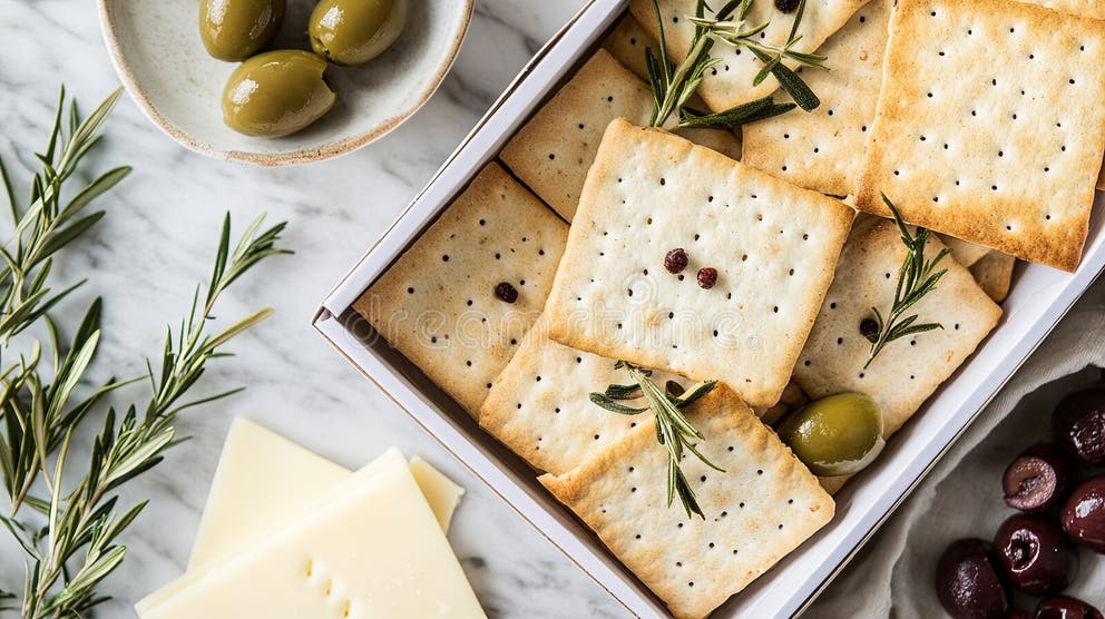 A Clean Box of Crackers Styled on a Marble Surface with Cheese and ...