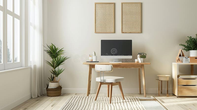 Clean, Bright and Empty Home Office Interior Organized with a Computer ...