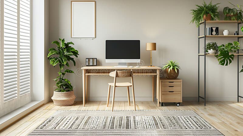 Clean, Bright and Empty Home Office Interior Organized with a Computer ...