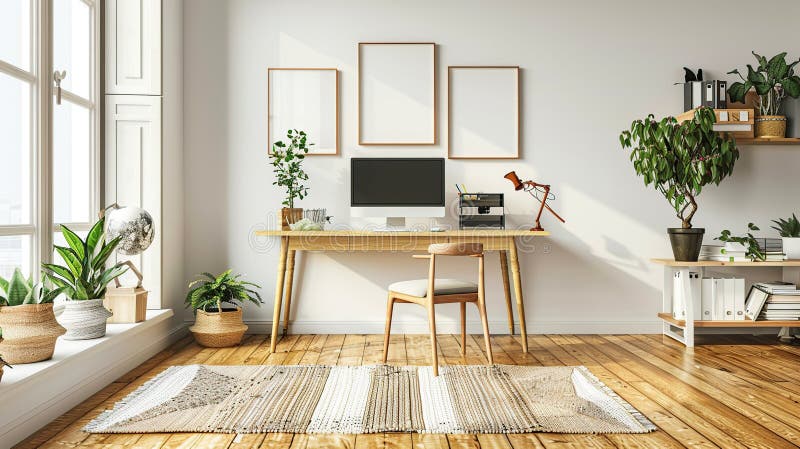 Clean, Bright and Empty Home Office Interior Organized with a Computer ...
