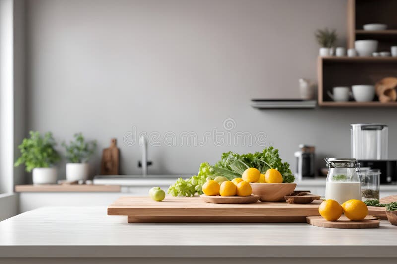 Clean and Bright: Empty Tabletop Counter with Modern Kitchen Interior ...