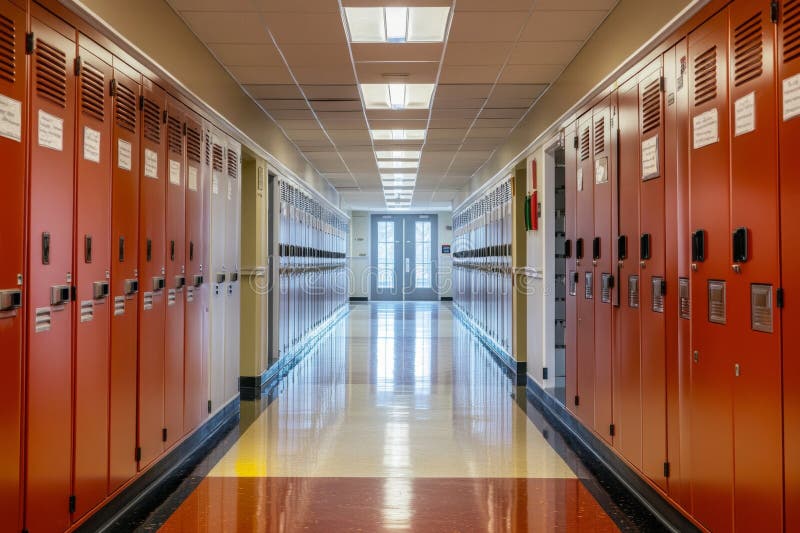 A Clean and Bright Hallway Features Rows of Orange Lockers on Both ...
