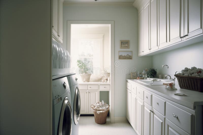 Clean Bright Laundry Room with Washer and Dryer. Created with ...