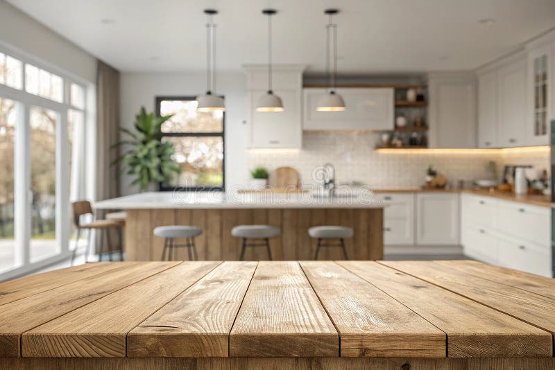 Wood Table Top on Blur Kitchen Counter Roombackground. for Montage ...