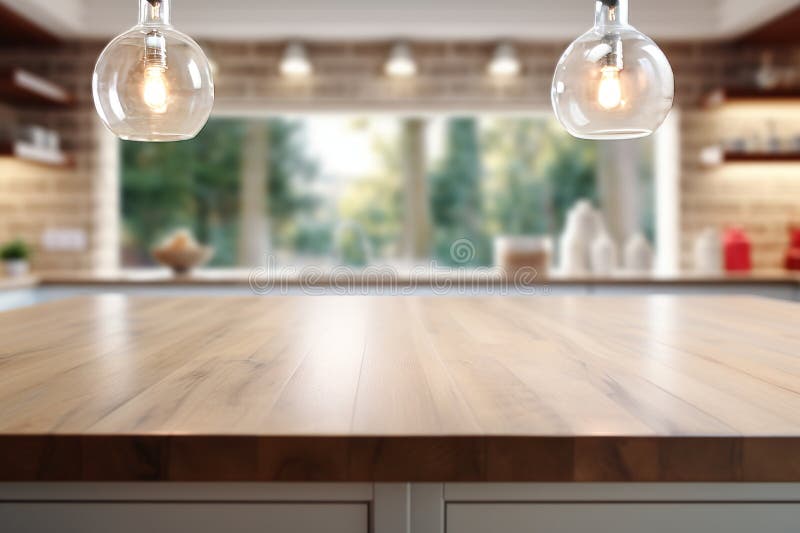 Clean and Bright Wood Table Top with Blurred Bokeh Kitchen and Ceiling ...