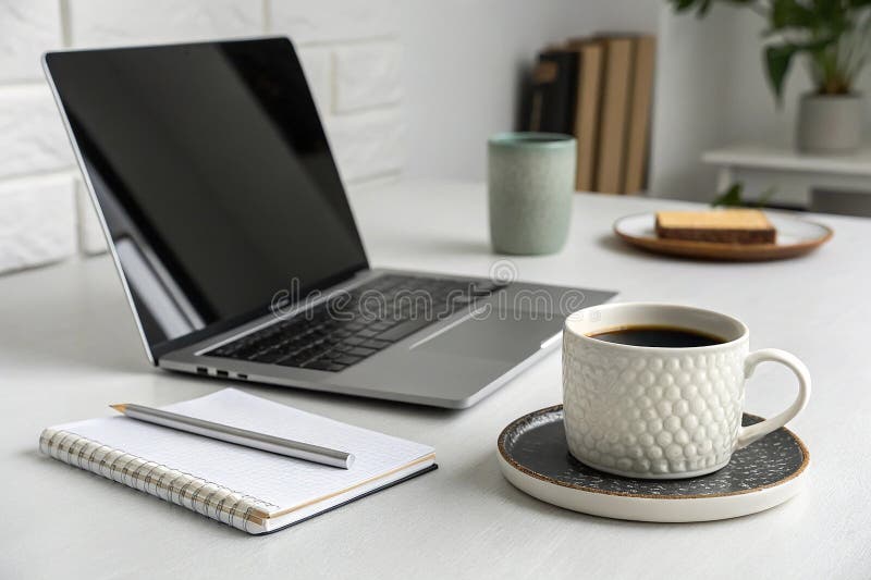 Laptop Coffee Cup and Notepad on Desk Capturing Workspace and ...
