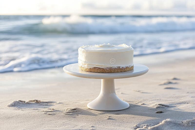 A Clean Cake Stand with a Frosted Cake, Styled on a Light Sandy Beach ...