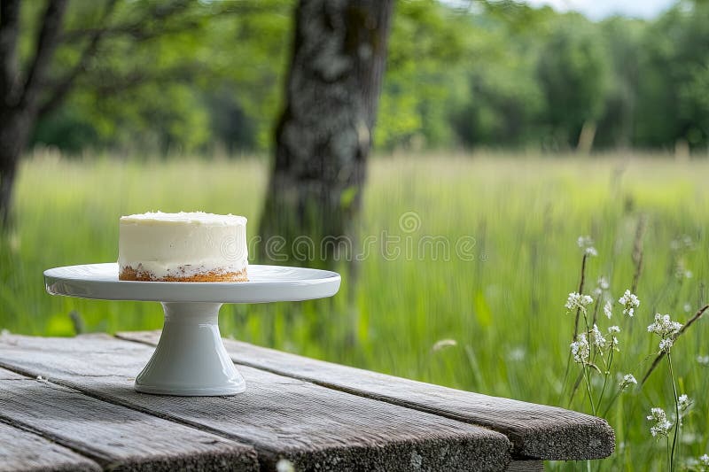 A Clean Ceramic Cake Stand Holding a Small Cake Placed on a Picnic ...