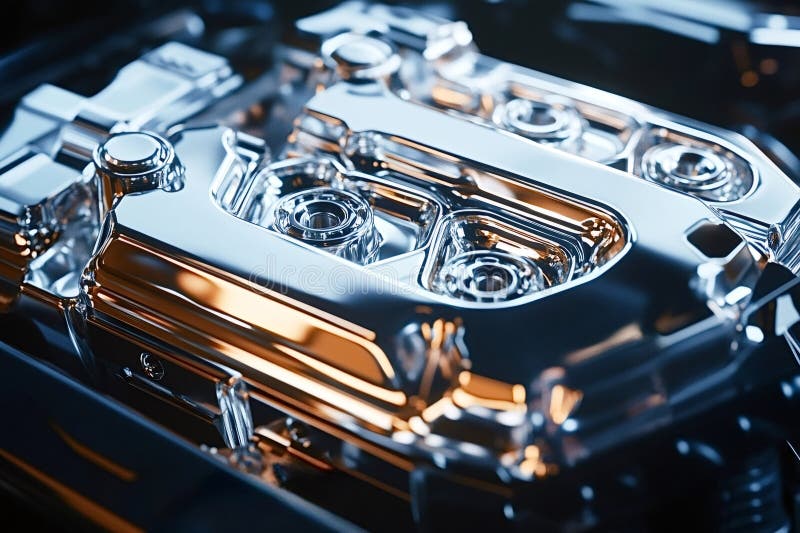 Clean Chrome Engine Reflecting Warm Light Showing Pistons and Cylinders ...