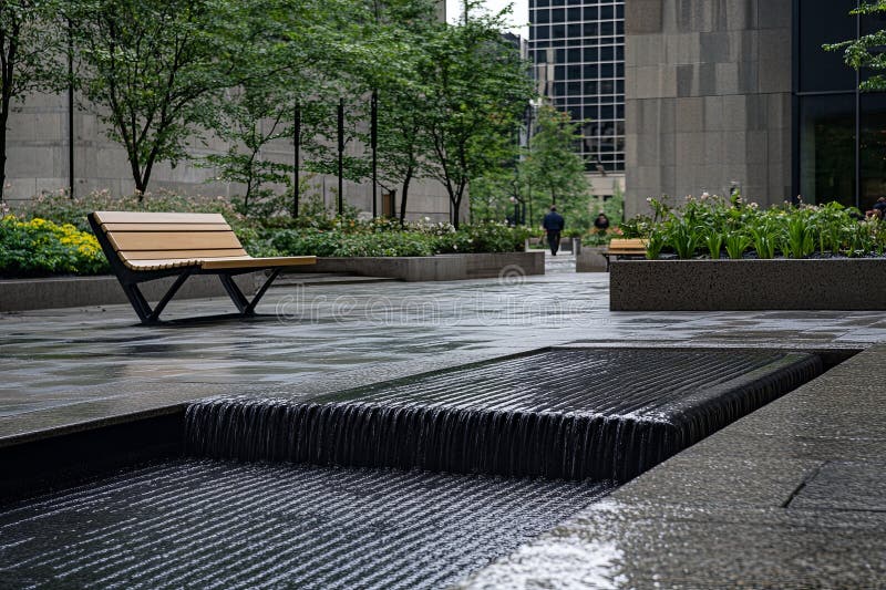 A Clean City Square with a Single Bench Placed Near a Modern Water ...