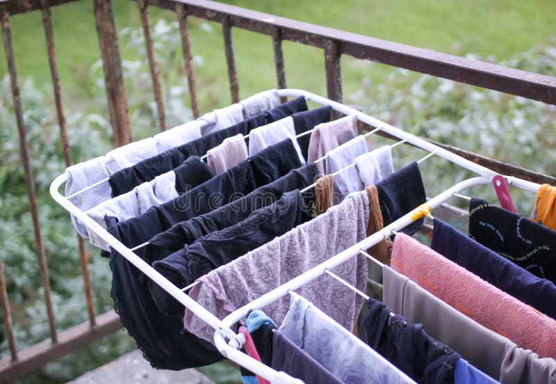 Clean Clothes Hanging on Dryer Outdoors Stock Image - Image of dryer ...
