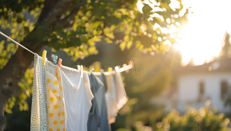 Clean Clothes Hanging on Washing Line Outdoors. Drying Laundry Stock ...