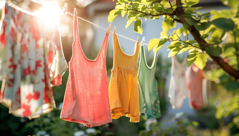 Clean Clothes Hanging on Washing Line Outdoors. Drying Laundry Stock ...