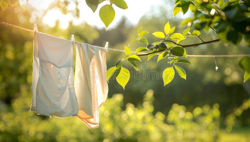 Clean Clothes Hanging on Washing Line Outdoors. Drying Laundry Stock ...