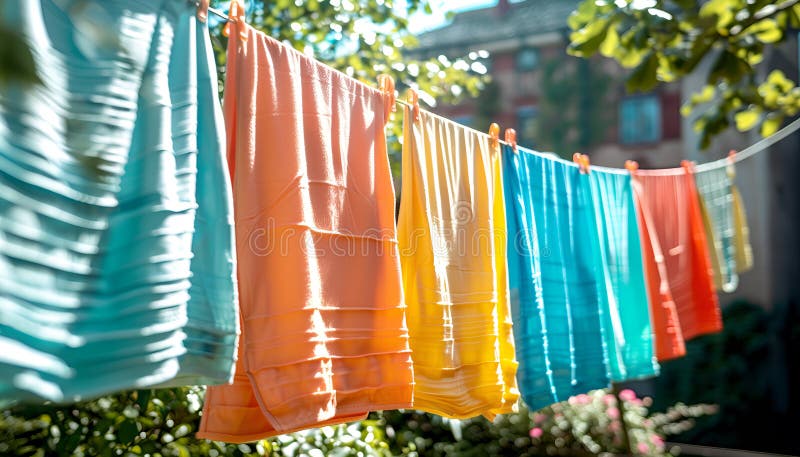 Clean Clothes Hanging on Washing Line Outdoors. Drying Laundry Stock ...