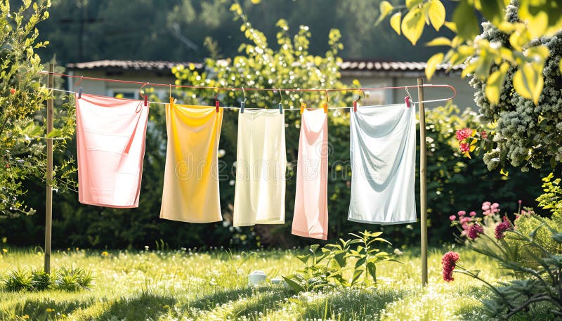 Clean Clothes Hanging on Washing Line Outdoors. Drying Laundry Stock ...