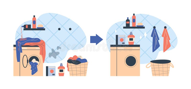 Clean and Clutter Laundry Room Interior Set of Flat Vector Illustration ...