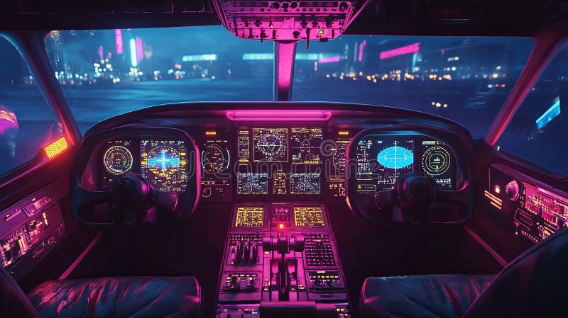 A Clean Cockpit View in a Private Jet with Glowing Control Panels Stock ...