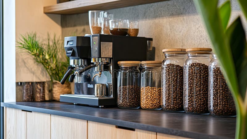 A Clean Coffee Bar with an Espresso Machine and Jars of Coffee Beans ...
