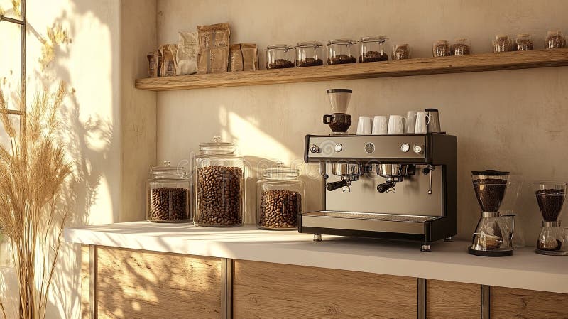 A Clean Coffee Bar with an Espresso Machine and Jars of Coffee Beans ...