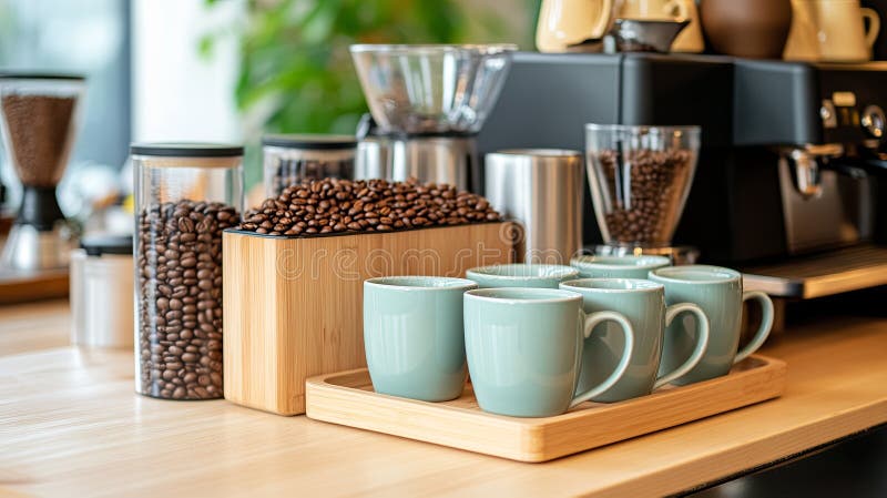 A Clean Coffee Brewing Station with Mugs and Coffee Beans Arranged ...