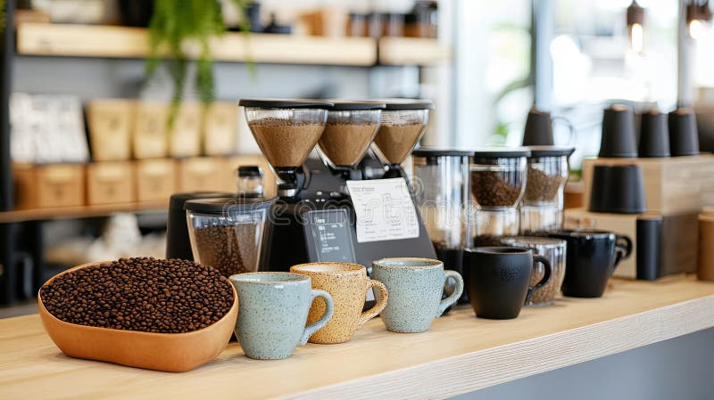 A Clean Coffee Brewing Station with Mugs and Coffee Beans Arranged ...