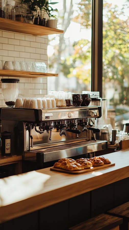 A Clean Coffee Shop Counter with an Espresso Machine and Fresh Stock ...