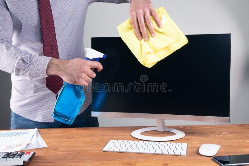 Clean the Computer Screen with a Rag Stock Photo - Image of adult ...