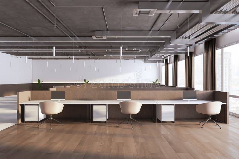 Clean Concrete and Wooden Coworking Office Room Interior with ...