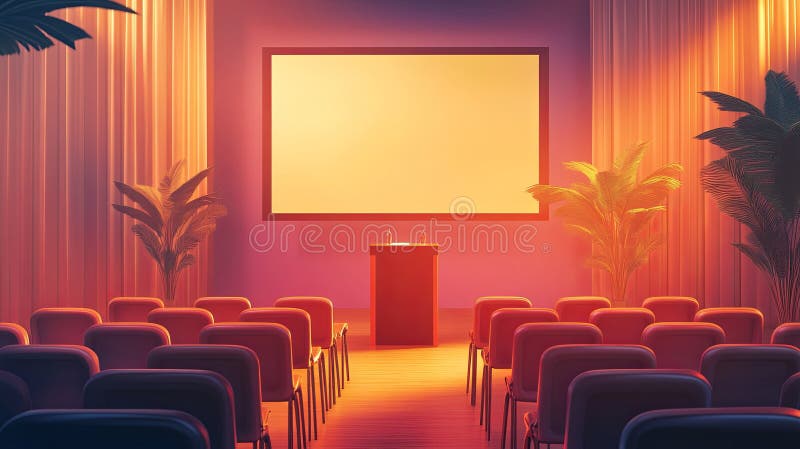 A Clean Conference Setup Featuring Neatly Arranged Chairs, a Podium ...