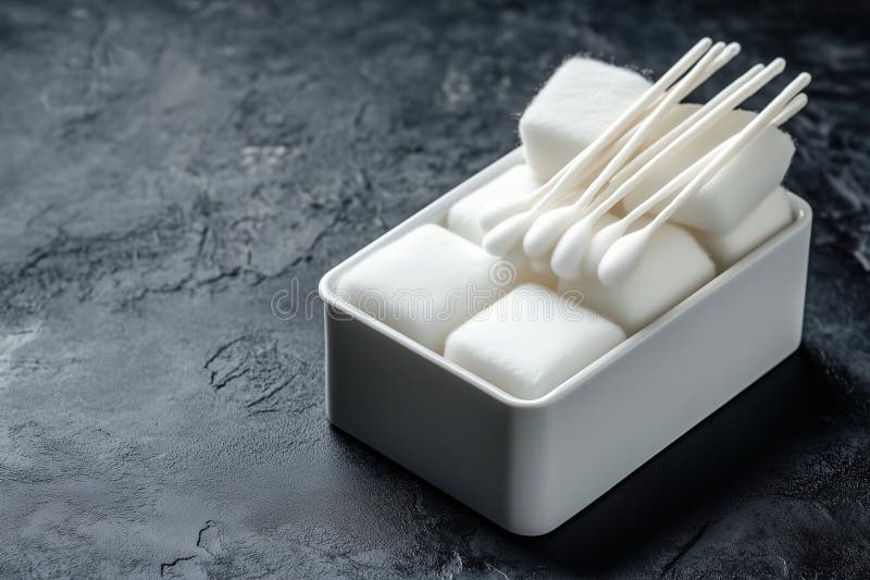 A Clean Container Holds Sugar Cubes and Cotton Swabs on a Textured Dark ...