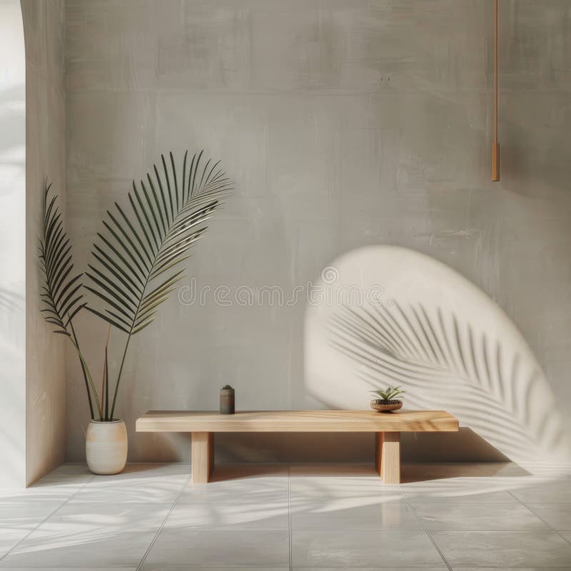 Minimalist Interior with Wooden Bench and Potted Plants Casting Shadows ...
