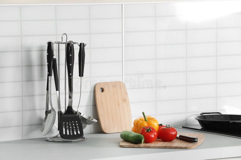 Clean Cookware, Vegetables and Utensils on Table Stock Image - Image of ...