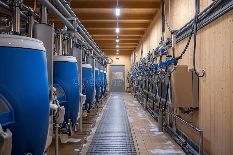 Interior View of a Modern Dairy Processing Facility with Blue Tanks and ...