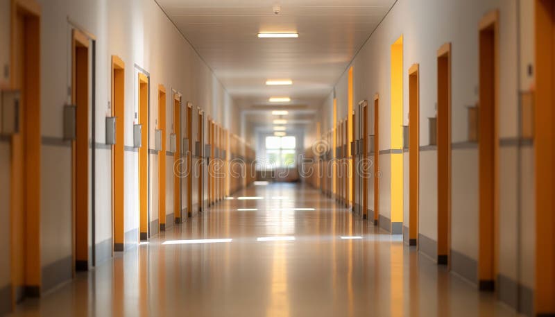 Clean Corridor with Yellow Doors and Natural Light. Stock Photo - Image ...