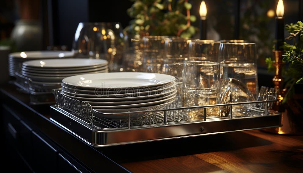 Clean Crockery and Silverware on a Modern Table Indoors Generated by AI ...