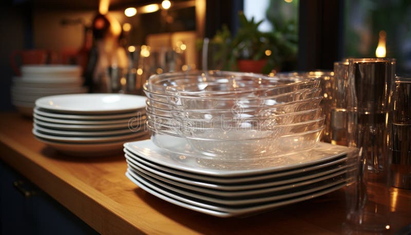 Clean Crockery and Silverware Stack on Modern Table Indoors Generated ...