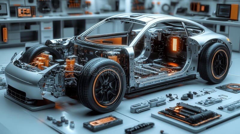 Clean 3D Illustration of an Electric Car System in a Minimalistic ...