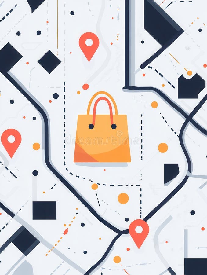 Elegant Illustration of a Delivery Route Map Featuring Grocery Bag Icon ...