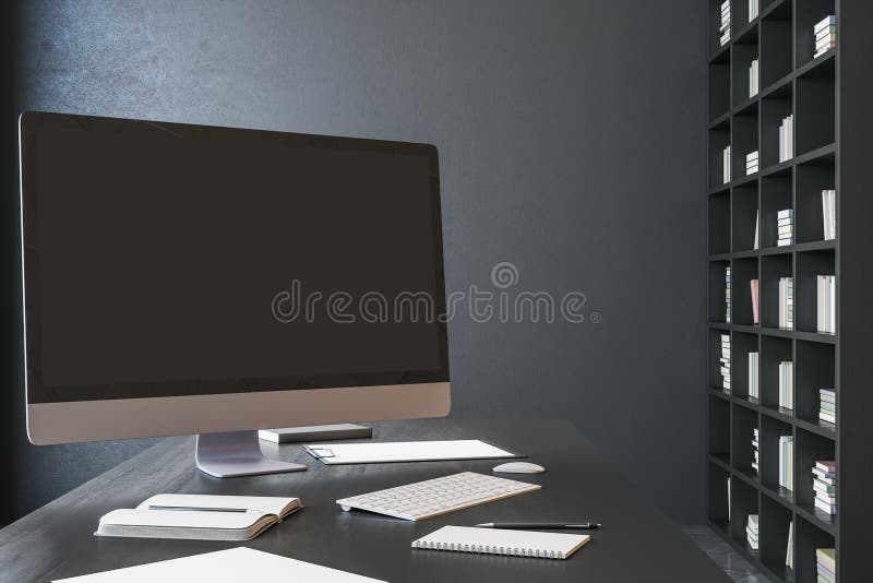 Clean Designer Desktop with Empty Black Computer Screen Editorial Image ...
