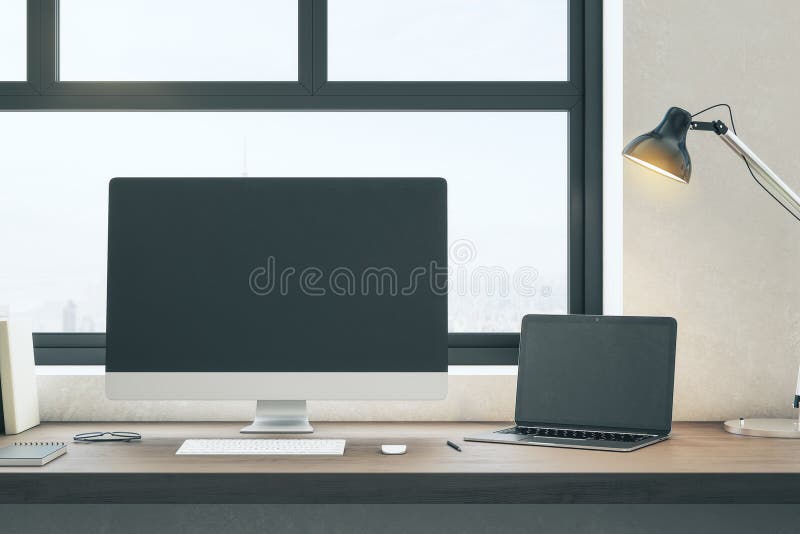 Clean Designer Desktop with Empty Computer Screen Stock Illustration ...