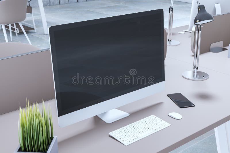 Clean Designer Office Interior with Decorative Wall, Empty Computer ...