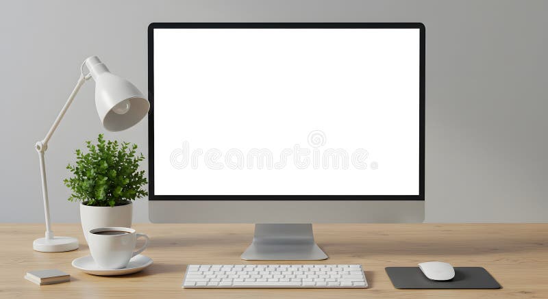 Clean Computer Desk Setup with White Screen, Lamp, and Coffee Stock ...