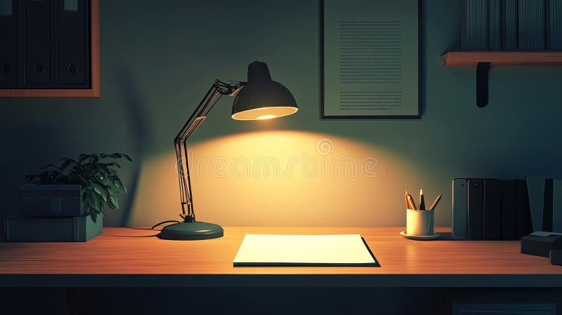 A Clean Desk with a Single Glowing Lamp and a Blank Notepad. Picture ...