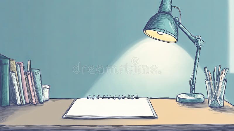 A Clean Desk with a Single Glowing Lamp and a Blank Notepad. Picture ...