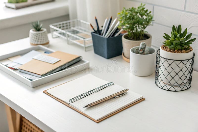 Clean Desk with Stationery and a Plant Stock Illustration ...