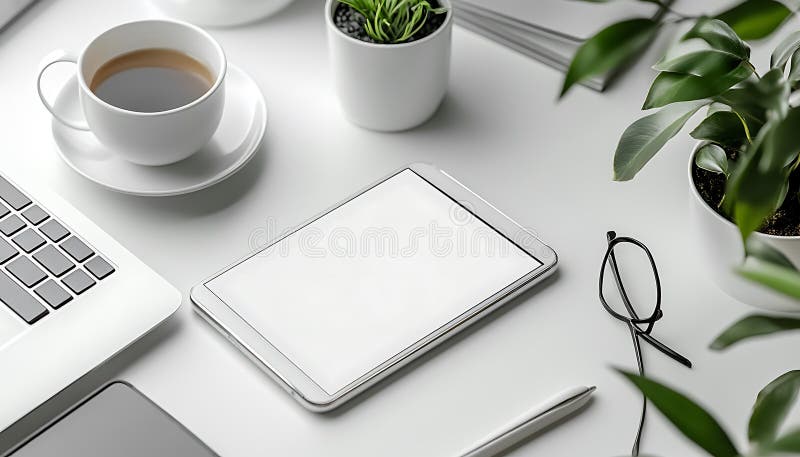 A Clean Desk with Tablet and Coffee Accessories Stock Photo - Image of ...