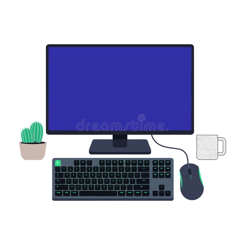 Clean Desktop Computer Setup with Cactus and Mug Stock Vector ...